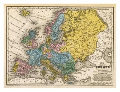 'Map of Europe, c.1839' Prints - Samuel Augustus Mitchell | AllPosters.com