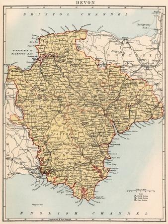 'Map of the Count of Devon (England), circa 1870. 19Th Century ...