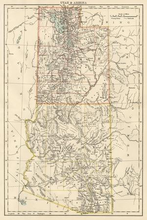 'Map of Utah and Arizona Territories, 1870s' Giclee Print | AllPosters.com