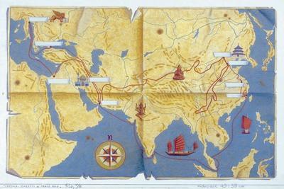 'Map with the Route of the Journey in Travels of Marco Polo' Giclee ...