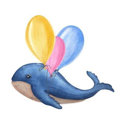 Watercolor Illustration with Whale Holding Balloons Isolated on White ...
