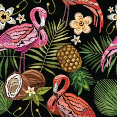 'Embroidery Flamingo Palm Tree Leaves Pineapple Coconut Tropical ...