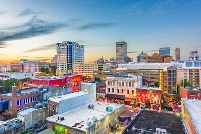 'Memphis, Tennesse, USA downtown cityscape at dusk over Beale Street ...