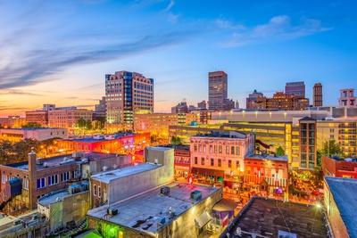 Memphis, Tennesse, USA downtown cityscape at dusk over Beale Street ...