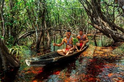 'Men from the Yanomami tribe in a canoe, southern Venezuela ...