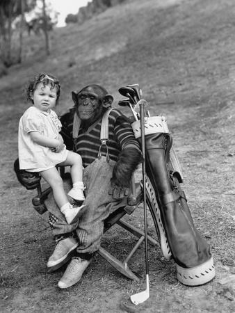 Monkey with Golf Clubs and Toddler Girl Photo | AllPosters.com