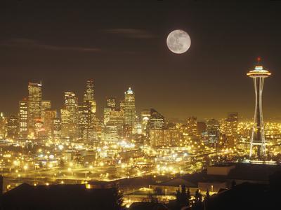 'Moonrise over Nighttime Seattle, Washington, Usa' Photographic Print ...