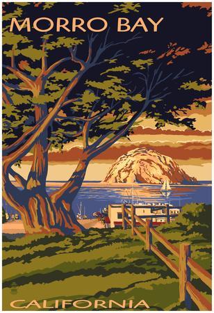 Morro Bay, California Town View With Morro Rock Poster | AllPosters.com
