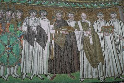 'Mosaic of the Byzantine Emperor Justinian I and his court, 6th century ...