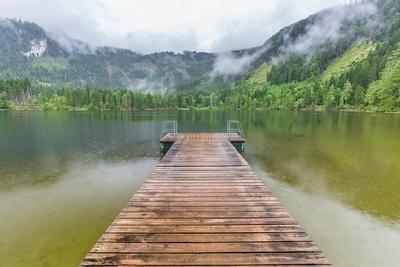 'Mountain lake landscape, beautiful scenery with clouds and pine trees ...