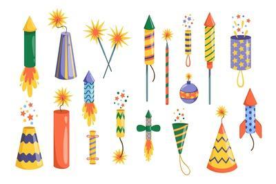'Cartoon Fireworks. Colorful Pyrotechnic Rockets for Party and ...