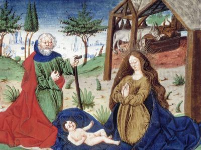 'Nativity scene, 15th century The Virgin Mary kneels in prayer before the infant Jesus' Giclee ...