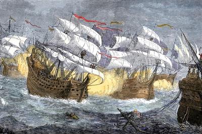 'Naval Combat: Capture of Spanish Ships by the English Fleet of Francis ...