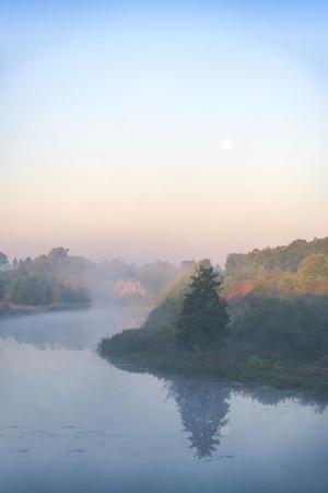 Tranquil Misty Morning Landscape with Serene River and Soft Pastel Sky ...