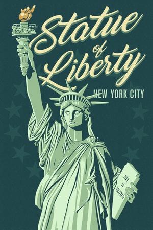 'New York City, New York - Statue of Liberty - Green Background ...