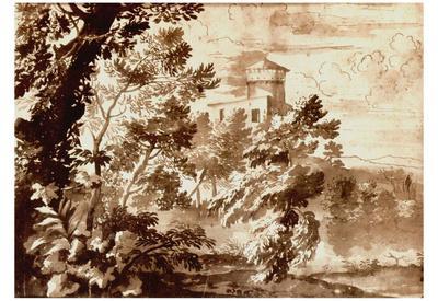 'Nicolas Poussin (Landscape with trees and tower) Art Poster Print ...