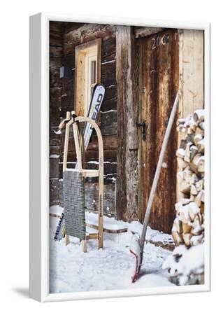 'old farm door, ski, slide, snow shovel, snowfall,' Photographic Print ...