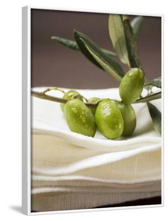 'Olive Sprig with Green Olives on Linen Cloth' Photographic Print ...