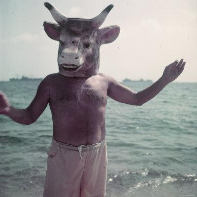 'Pablo Picasso Wearing a Cow's Head Mask on Beach at Golfe Juan Near ...