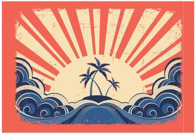 'Paradise Island On Grunge Paper Background With Sun' Posters ...
