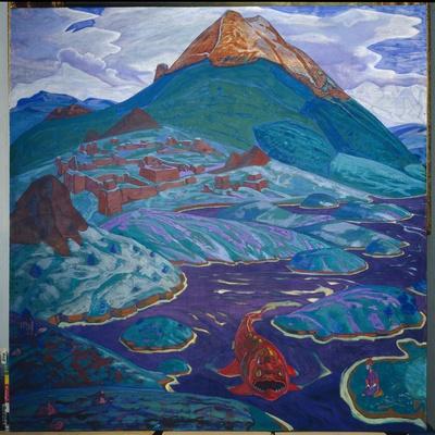 'Paysage Fantastique. Un Chudo Yudo (Monstre Aquatique Rouge) Nage Dans ...