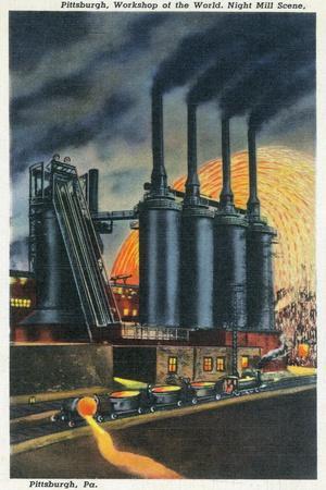'Pittsburgh, Pennsylvania - Steel Mill Scene at Night' Posters ...