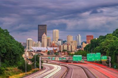 'Pittsburgh, Pennsylvania, USA downtown city skyline over looking highways at dusk' Photo ...