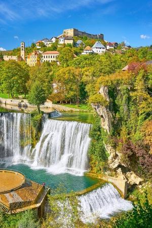 Pliva River Waterfall and castle from 14th century, Jajce town, Bosnia ...
