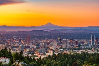'Portland, Oregon, USA downtown skyline with Mt. Hood at dawn' Photo ...
