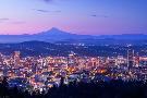Portland, Oregon, USA skyline at dawn with Mt. Hood in the distance at ...