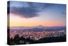 Portland, Oregon, USA skyline at dawn with Mt. Hood in the distance at ...