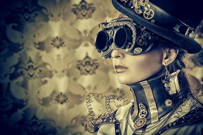 'Portrait Of A Beautiful Steampunk Woman Over Vintage Background ...