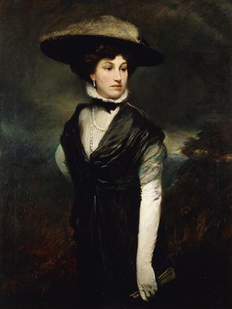 'Portrait of Amy Bird, the actress, in black, a landscape beyond ...