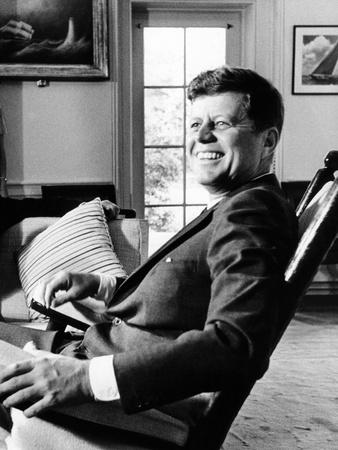 'Pres Kennedy Sits in Rocking Chair in Oval Office of White House on ...