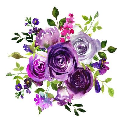 'Purple Yellow Watercolor Floral Arrangement Semi Wreath Flowers Leaves ...