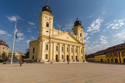 Reformed Great Church in Debrecen city, Hungary. Old city center with ...