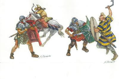 'Roman Legionaries Fighting a Parthian Mounted Archer and a Frankish ...