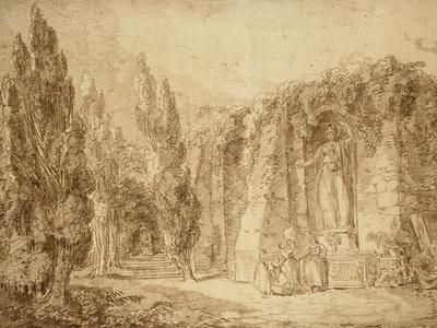 'Ruines romaines dans un parc, fontaine ornée d'une statue colossale de ...