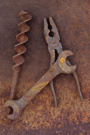 'Rusty Old Double-headed Spanner Lying Next To Large Drill Bit And ...