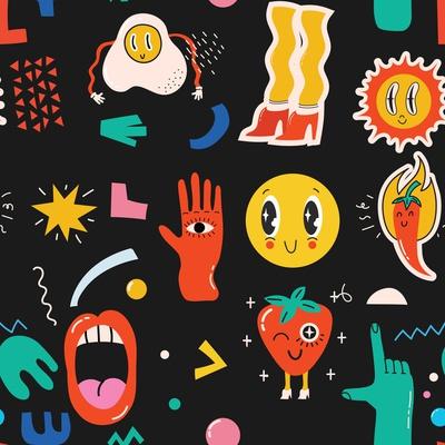 'Seamless Pattern with Crazy Comic Faces and Colorful Geometric Shapes ...