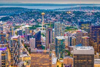 Seattle, Washington, USA downtown skyline from above at dusk Photo ...