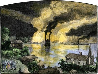 Secession War (1861-1865): Union Gunships and Steamboat Passing the ...