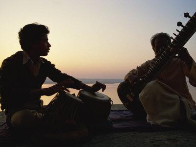 'Sitar and Tabla Player Beside the Ganga River, Varanasi, Uttar Pradesh ...