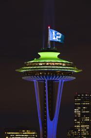 'Space Needle with Seahawk colors and 12th man flag. Washington, USA ...