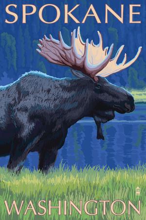'Spokane, Washington, Moose at Night' Posters - Lantern Press ...