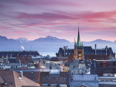 'St Francois Church and City Skyline at Sunset, Lausanne, Vaud ...