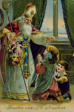 'St. Nicholas Blessing the Children, Early 20th Century Christmas Card ...