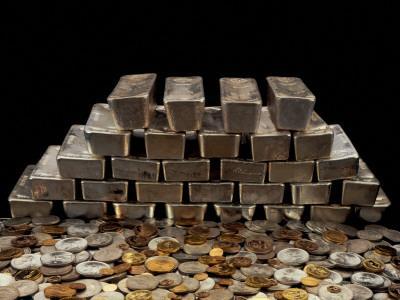 'Stack of Sliver Ingots And Pile of Coins' Photographic Print ...