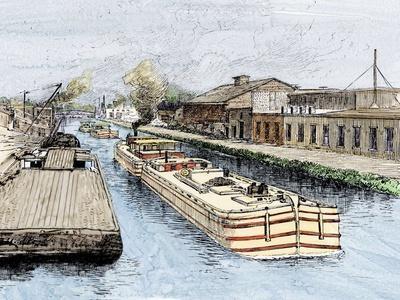 'Steam Peniche Towing Other Barges on the Erie Canal, Years 1880 ...
