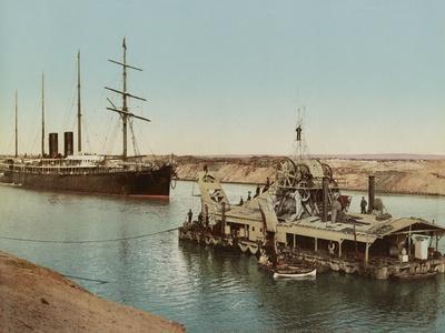 'Suez Canal, Ship and Dredging Machine, C.1900 (Colour Photochrom ...